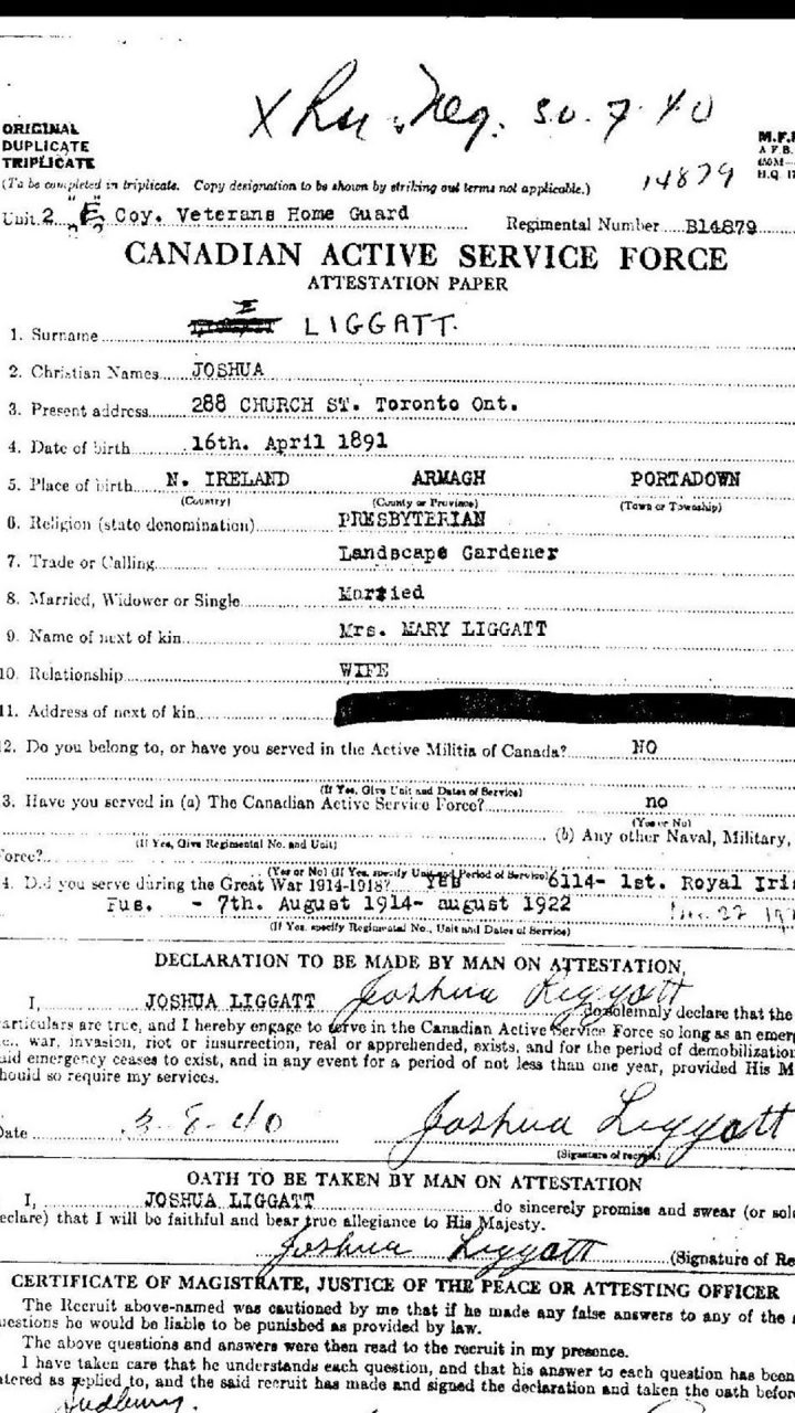 Joshua Liggett's Attestation Paper - WartimeNI