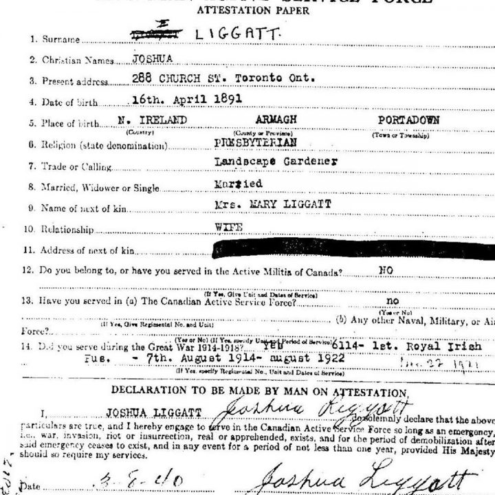 Joshua Liggett's Attestation Paper - WartimeNI